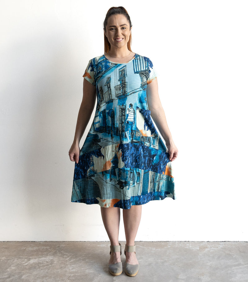 Postcard Cotton Knit A-line Dress by Orientique Australia - Tower Blue ...